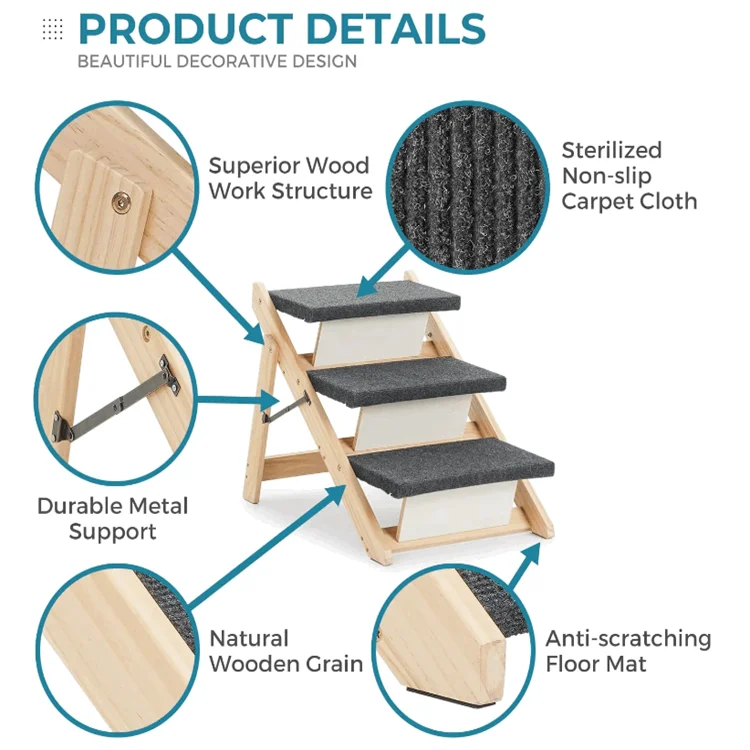 3 Tiers Solid Wood Pet Stairs Indoor Portable Pet Dog Cat Wood Stairs ...