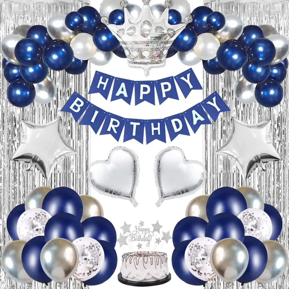 Navy Blue Silver Birthday Decorations Men Happy Birthday Banner Decorations Set For Men Women ...