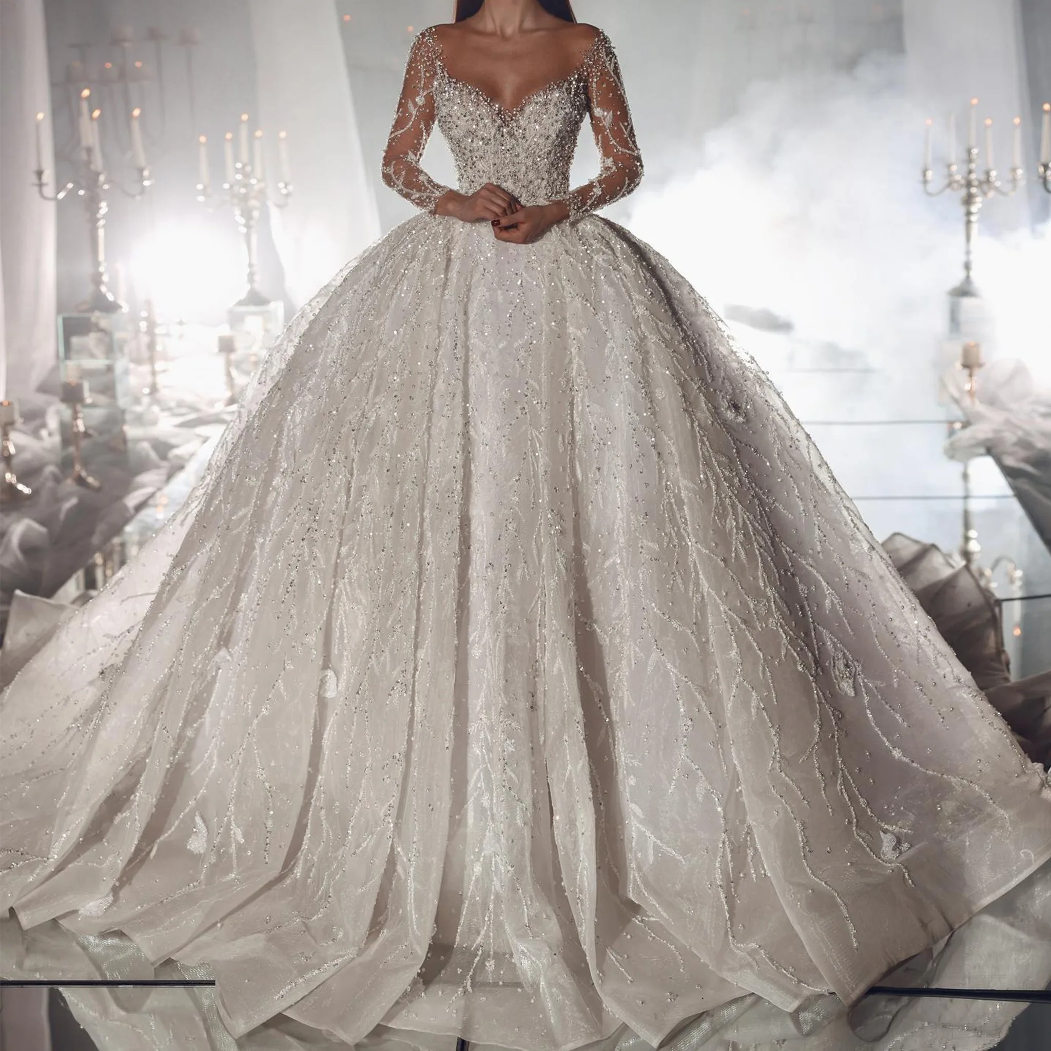 Sparkly Sheer Long Sleeve Muslim Wedding Dress for Arabic Princess