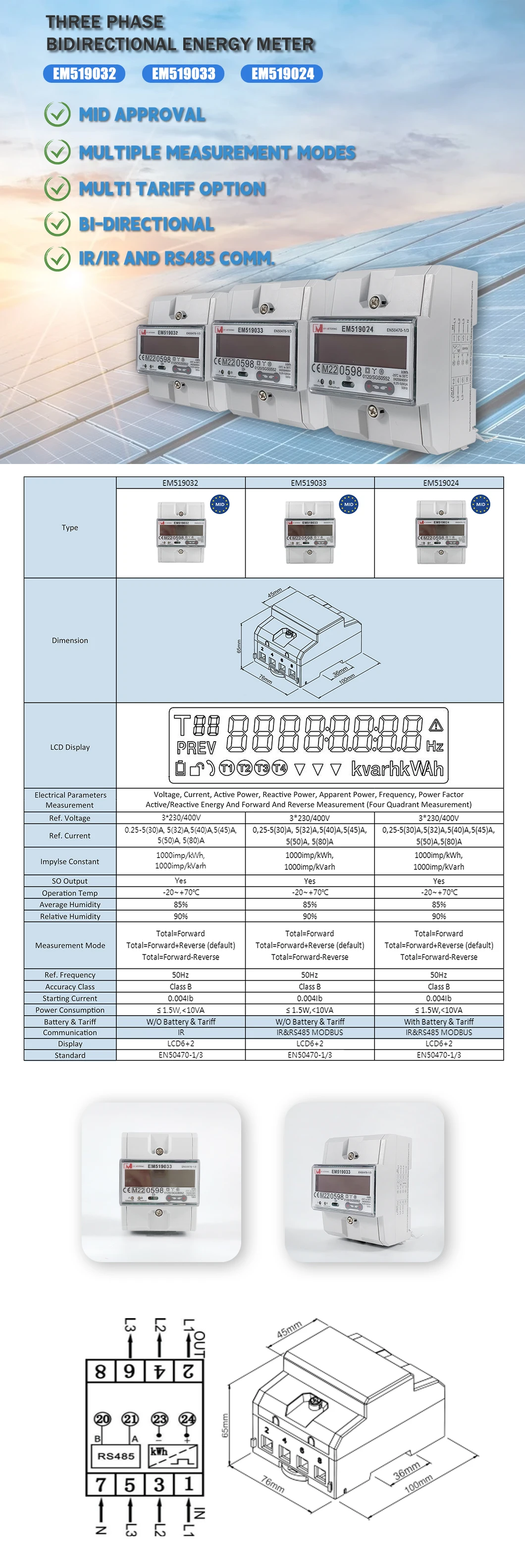 1/3 Phase Rs485 Modbus Energy Meter Smart Bi-directional Electrictiy ...