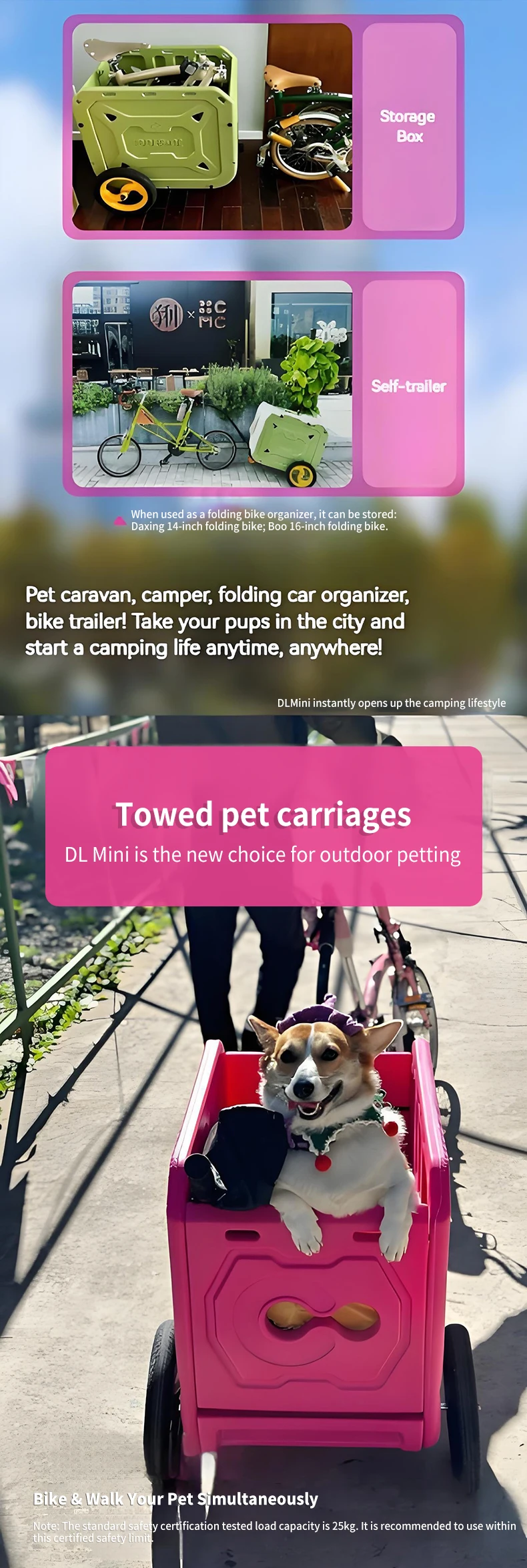 Dog Pet Trailer Eco-friendly Foldable HDPE Material 3-Wheel 25KG ...