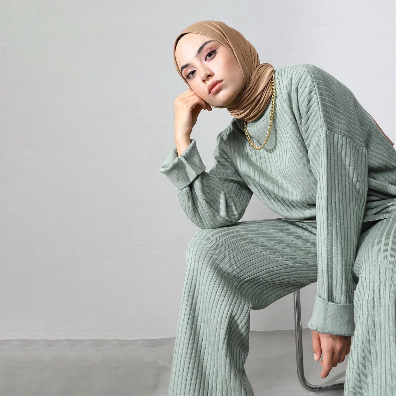 Muslim Basic Ladies Long Sleeve Turtleneck Ribbed Knit Set Islamic ...