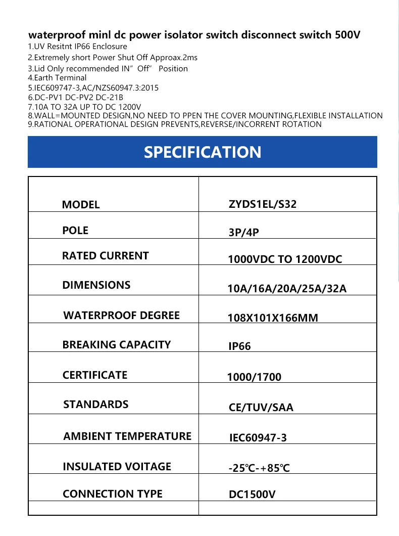Pv Solar Dc Isolator Switches 1000v 32a 63a Ip66 Solar Rotating Handle Waterproof Isolator ...