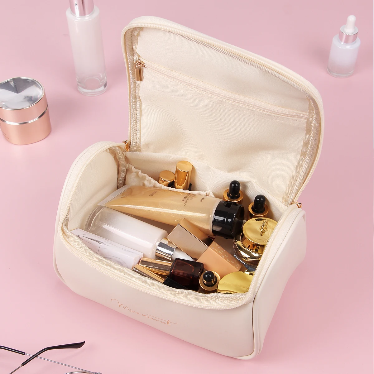 Women Soft Leather Cosmetic Toiletry Makeup Pouch Bag Moisture-proof ...