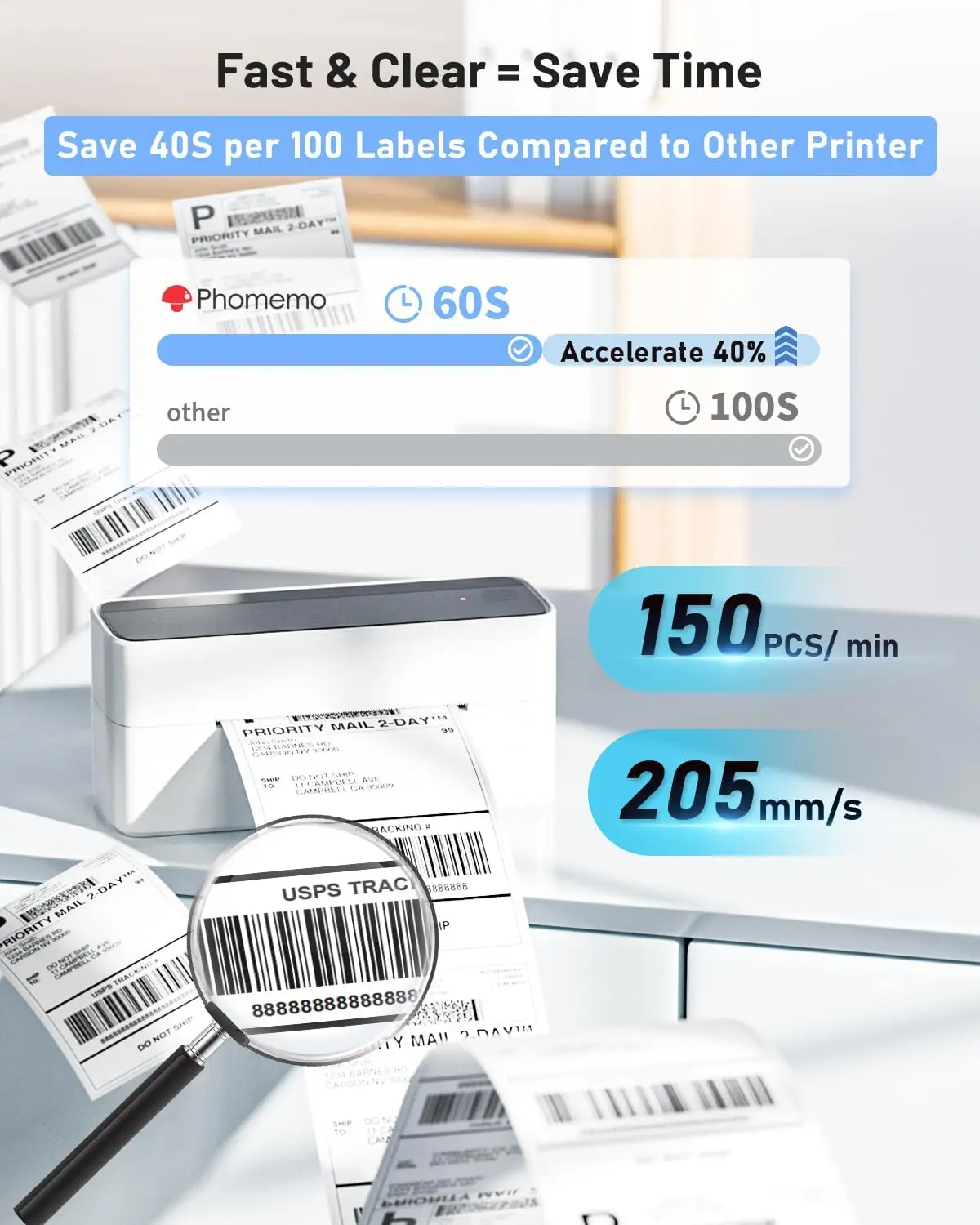 Thermal Shipping Label Printer 203DPI Phomemo PM-241-BT Wireless USB ...