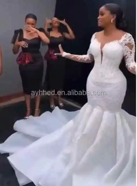 African Plus Size Luxury Custom Beaded Lace Wedding Dress Long Sleeve ...