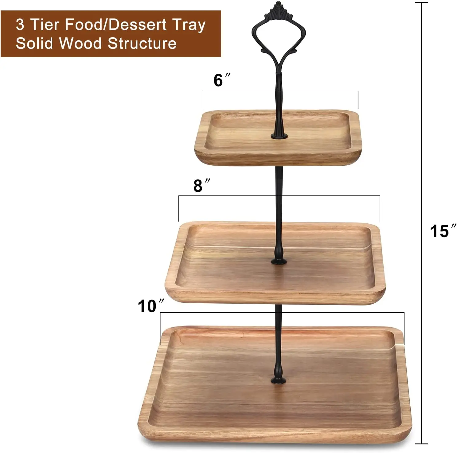 3 Tier Square Cupcake Stand Acacia Wood Serving Tray Dessert Stand ...