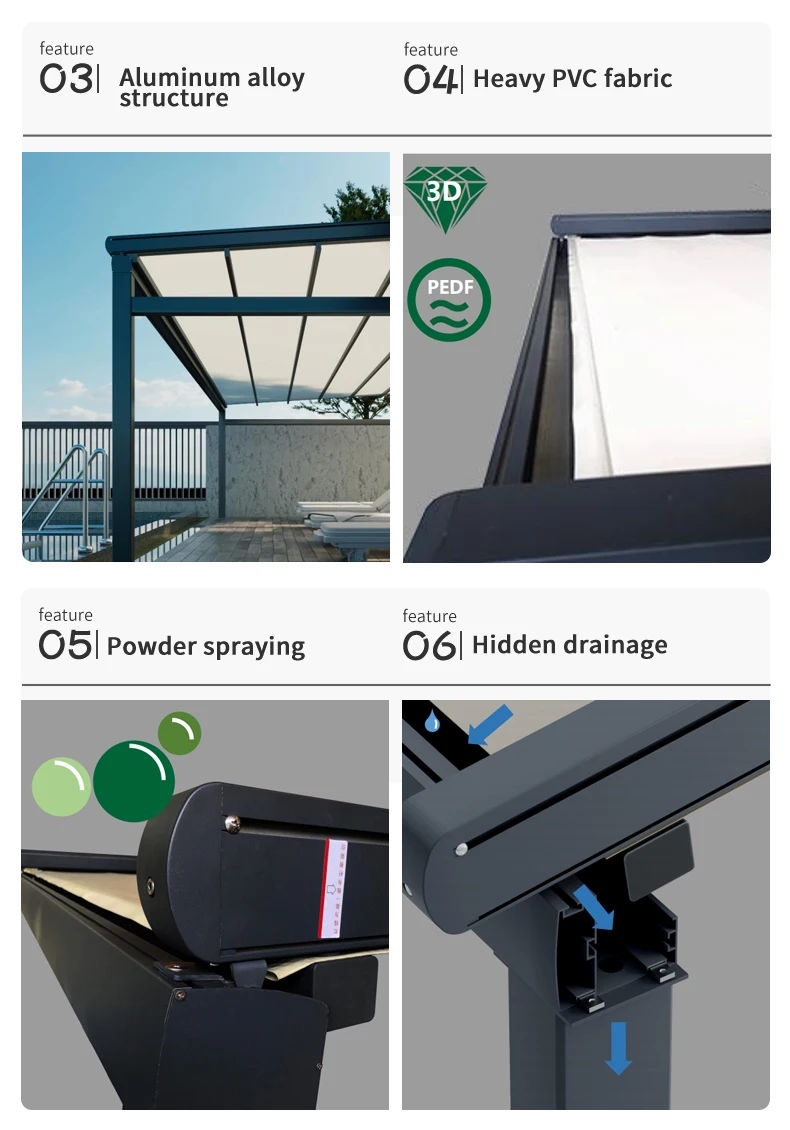 Waterproof PVC Folding Retractable Pergola Roof Awning