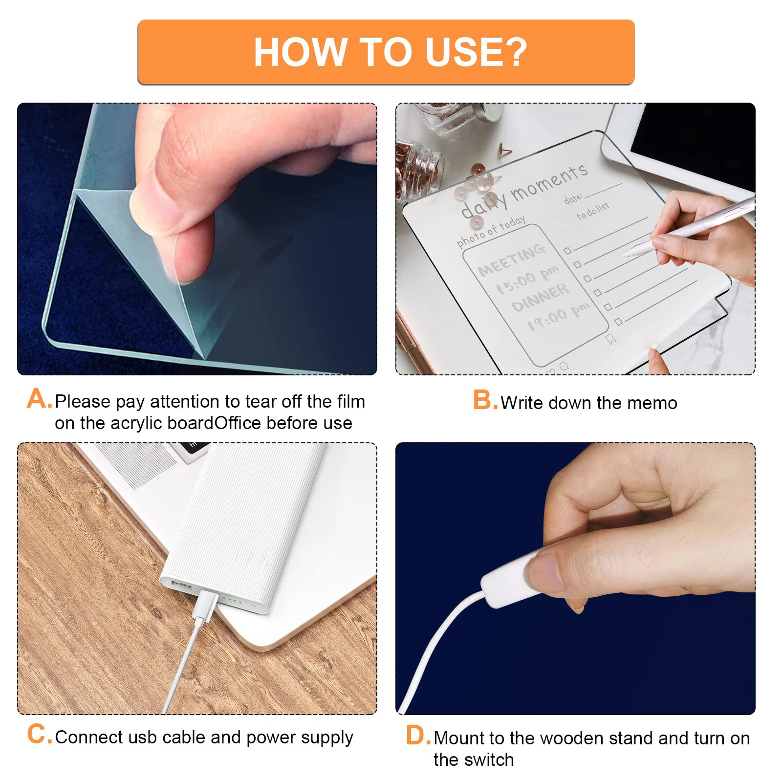 Custom Clear Acrylic Desktop LED Light-up Note Memo Board