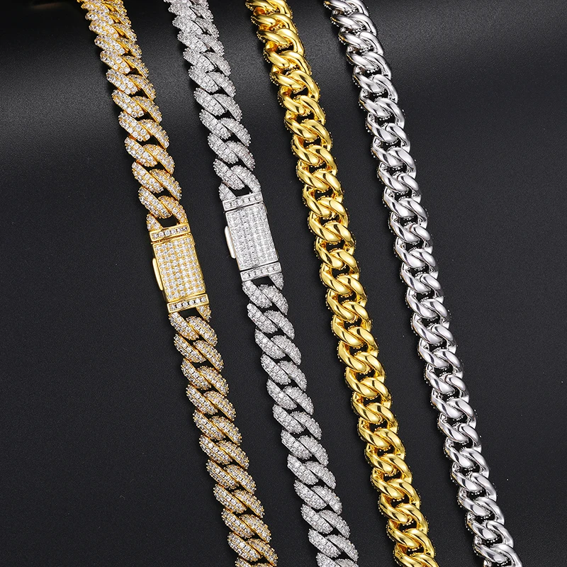 10mm Full CZ Diamond Iced Out Cuban Link Chain Luxury Gold Plated Brass ...