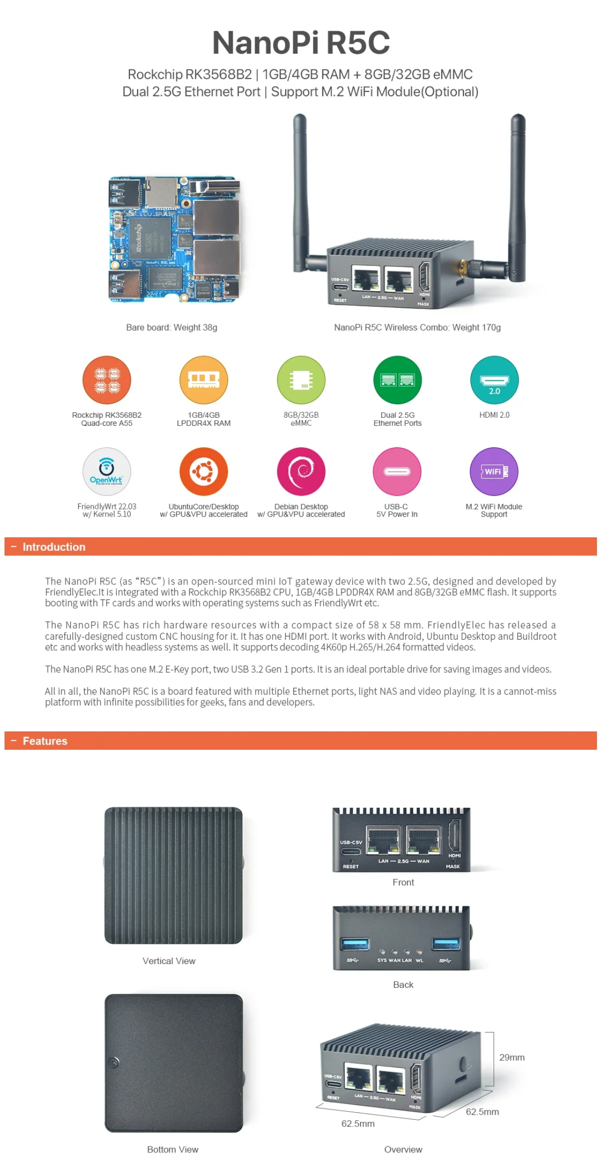 NanoPi R5C Rockchip RK3568B2 A55 Dual 2.5G Ethernet Port Support M.2 WiFi Module Linux/Openwrt ...