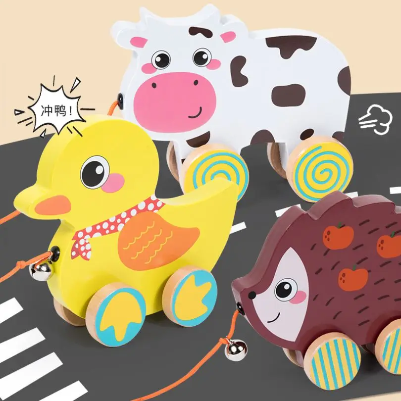 Wooden Cartoon Animals Baby Learning Walk Children Drag Car Early ...