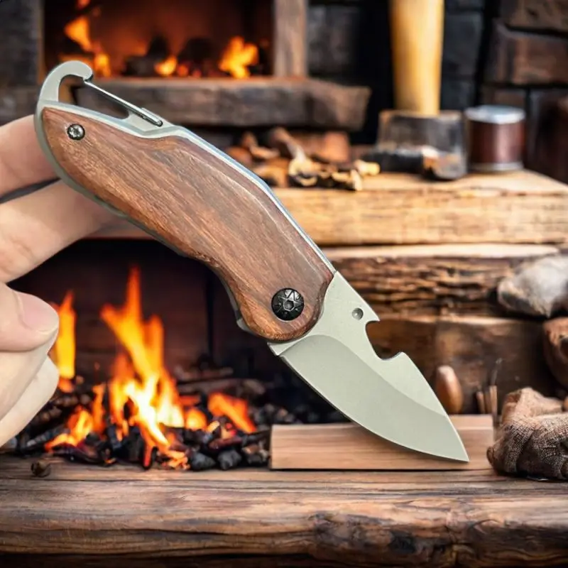 Mini Wood Handle Stainless Steel Outdoor Camping Survival Folding ...