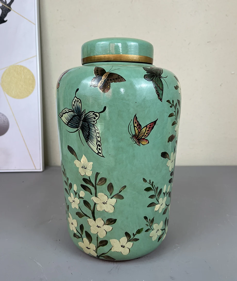 Green Porcelain Tall Ginger Jar With Chinese Ceramic Hand Painted ...