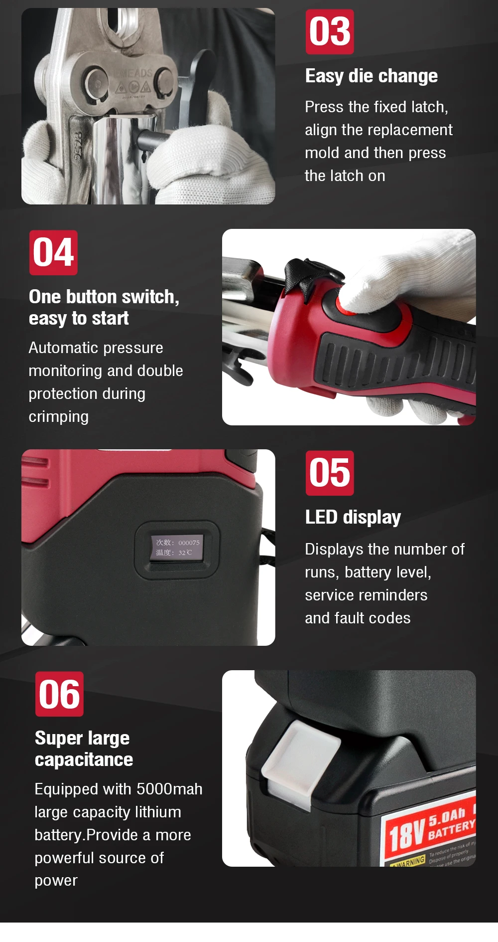 EMEADS GE-1550 Battery Powered Crimping Tool for COPPER V PROFILE PRESS ...