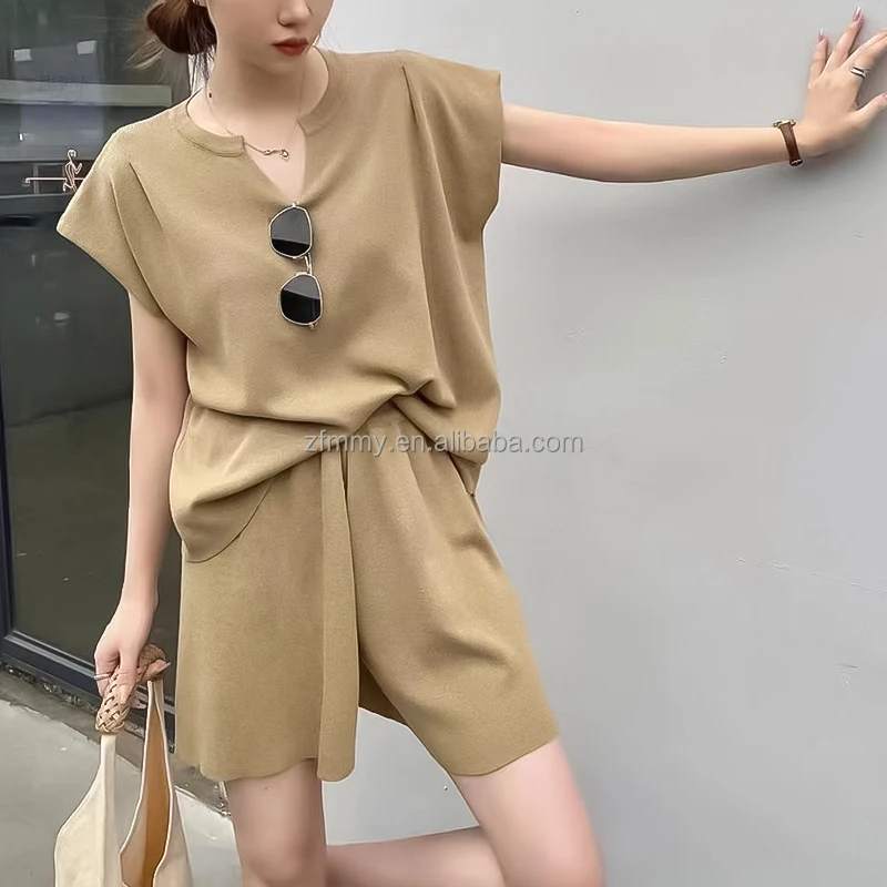 V-neck -quarter Sleeve Top Elastic Waist Shorts Two-piece Summer Women's Casual Loose Suit ...