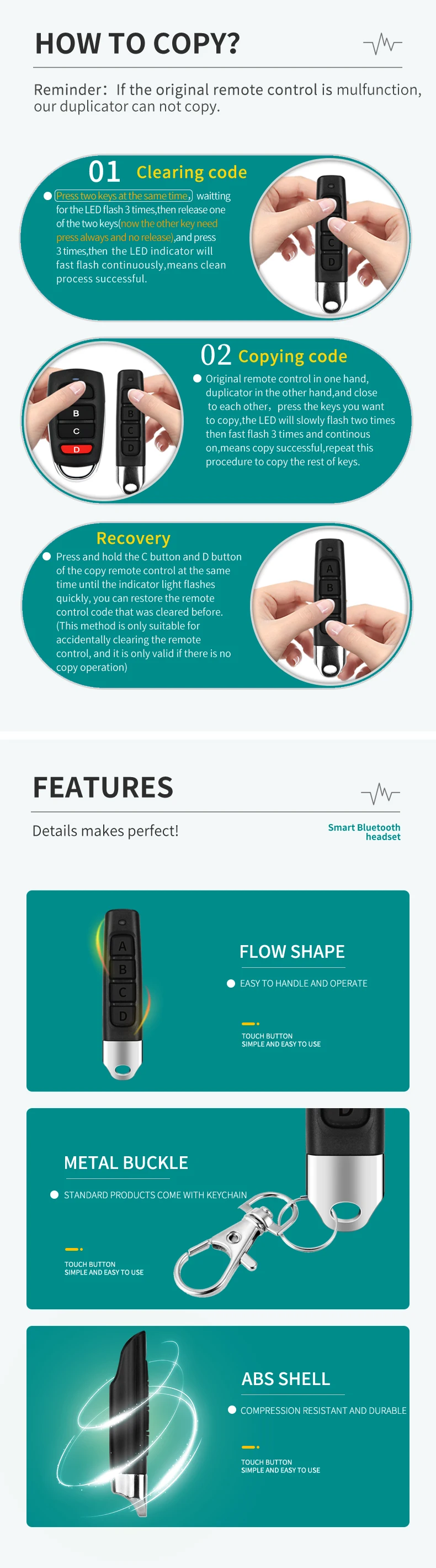 Universal Remote Face to Face Copy Wireless Duplicator 4 Buttons