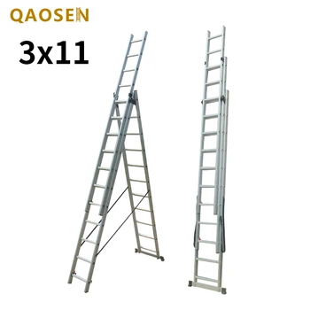 11 Steps Factory Sale Portable 3 Section Extension Ladder Aluminum Silver Multipurpose - Buy ...