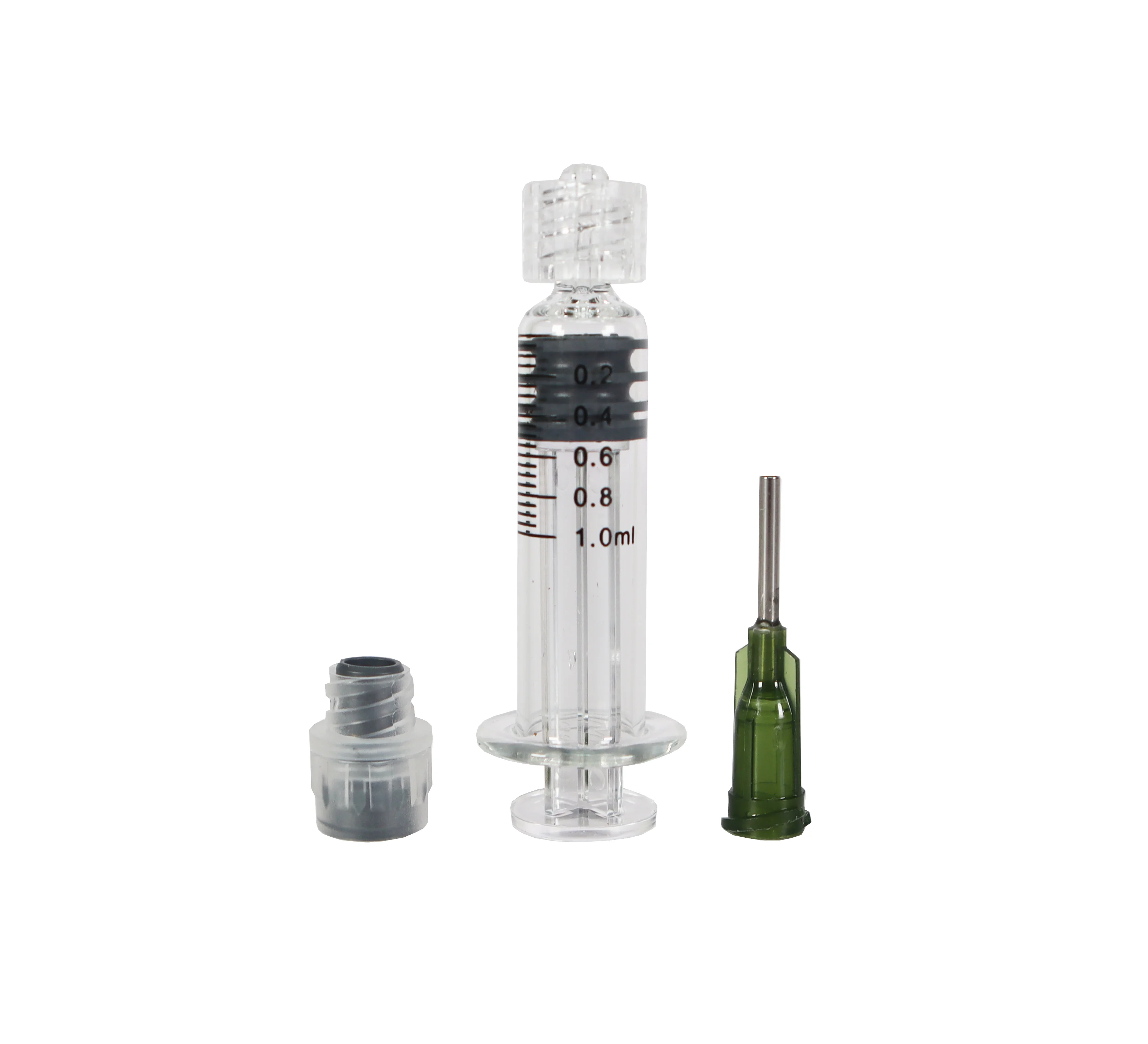 Filling oil packaging 1ml glass luer lock syringe with a needle adapter ...