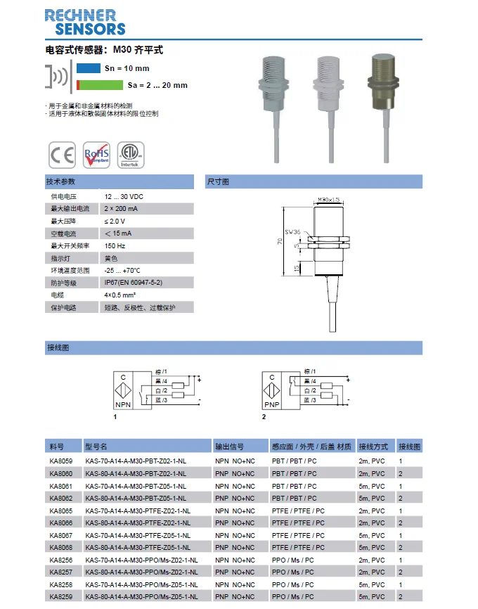 Rechner电容式接近传感器kas-70-a24-m30-a-pbt-z02-1-nl - Buy 库存kas-70-a24-m30-a ...