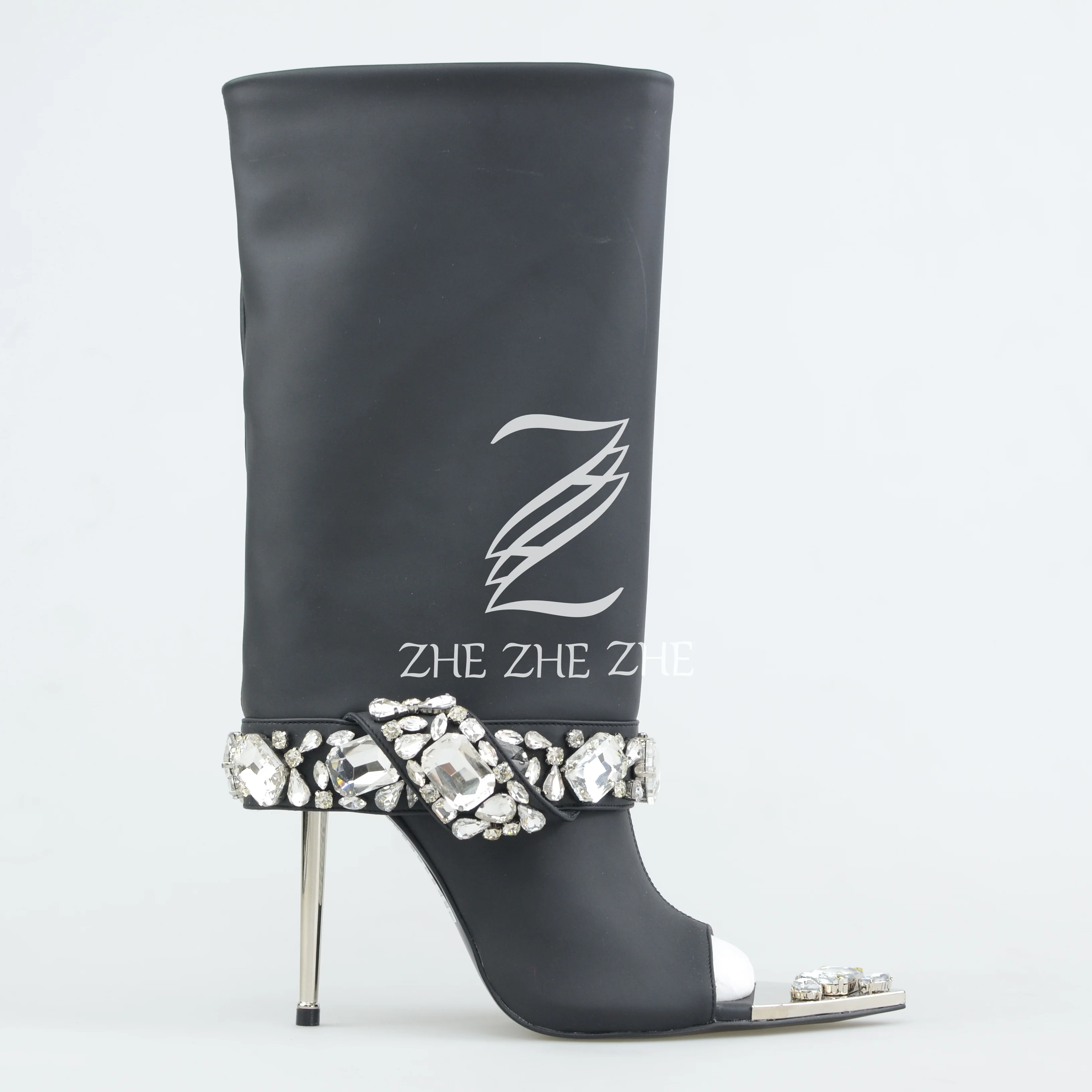 Women's High Heel Calf Boots Leaky Toe Metallic Diamond Shoe Tip White ...