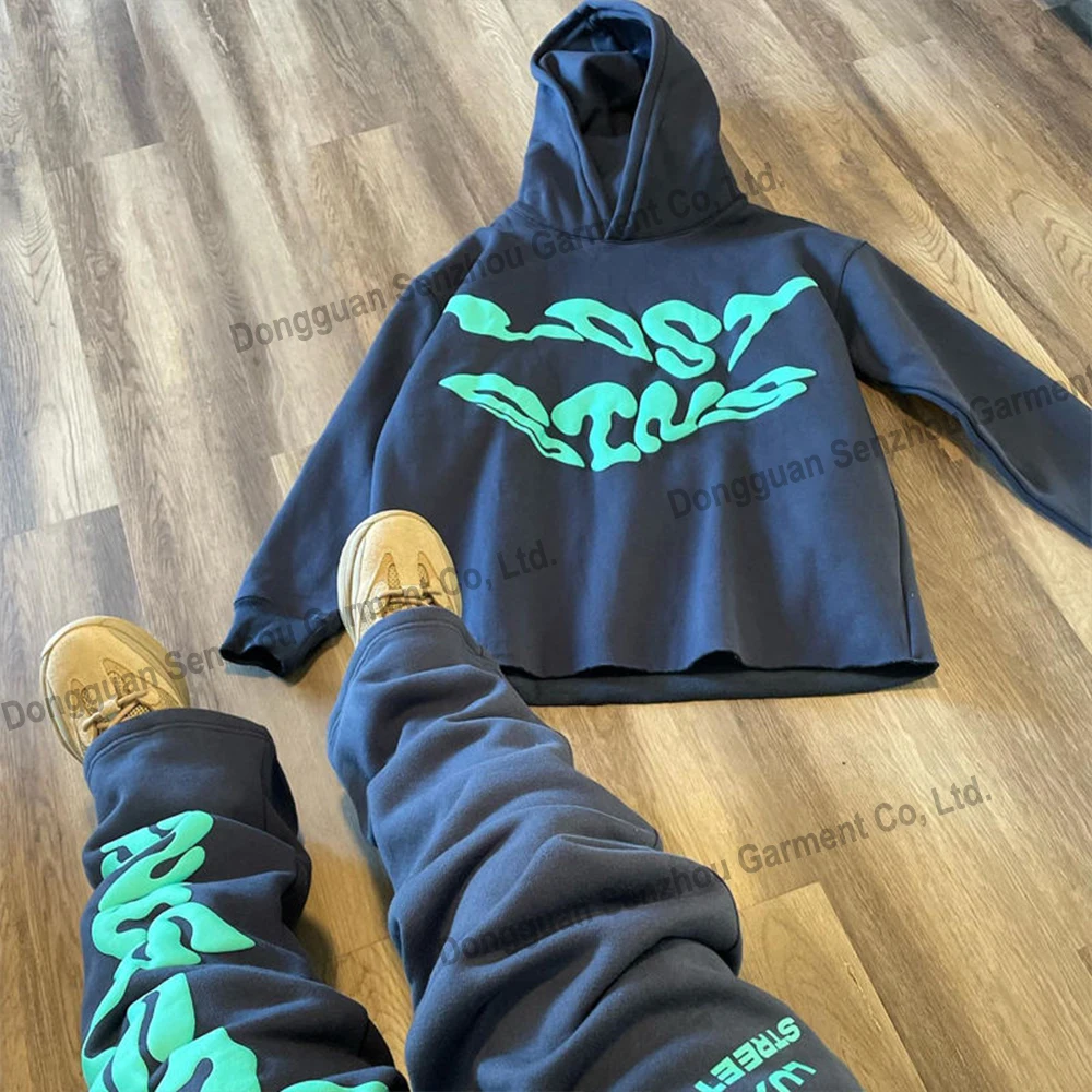 Custom Sweatsuit Cut Raw Hem Edge Hoodie Puff Print Sweat Suits ...