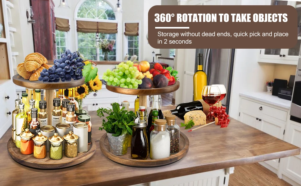 Walue Two-tier Rotating Wooden Food Storage Tray For Kitchen Spice ...