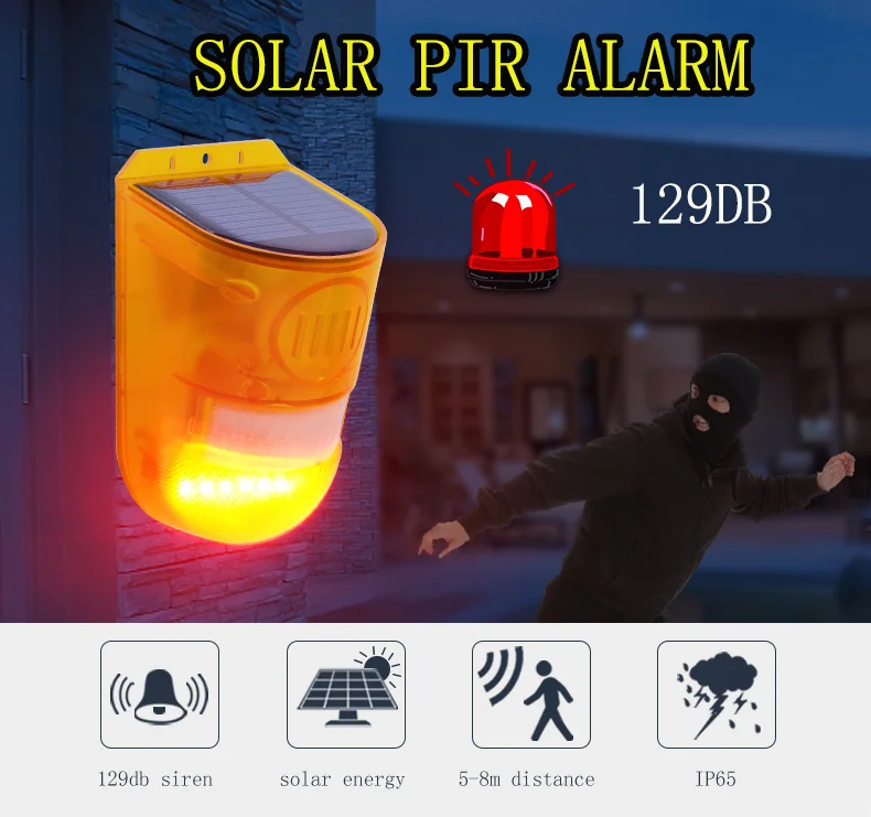Outdoor Rain Proof Solar Led Acousto-optic Motion Alarm 129db High Volume Detector Family Farm ...