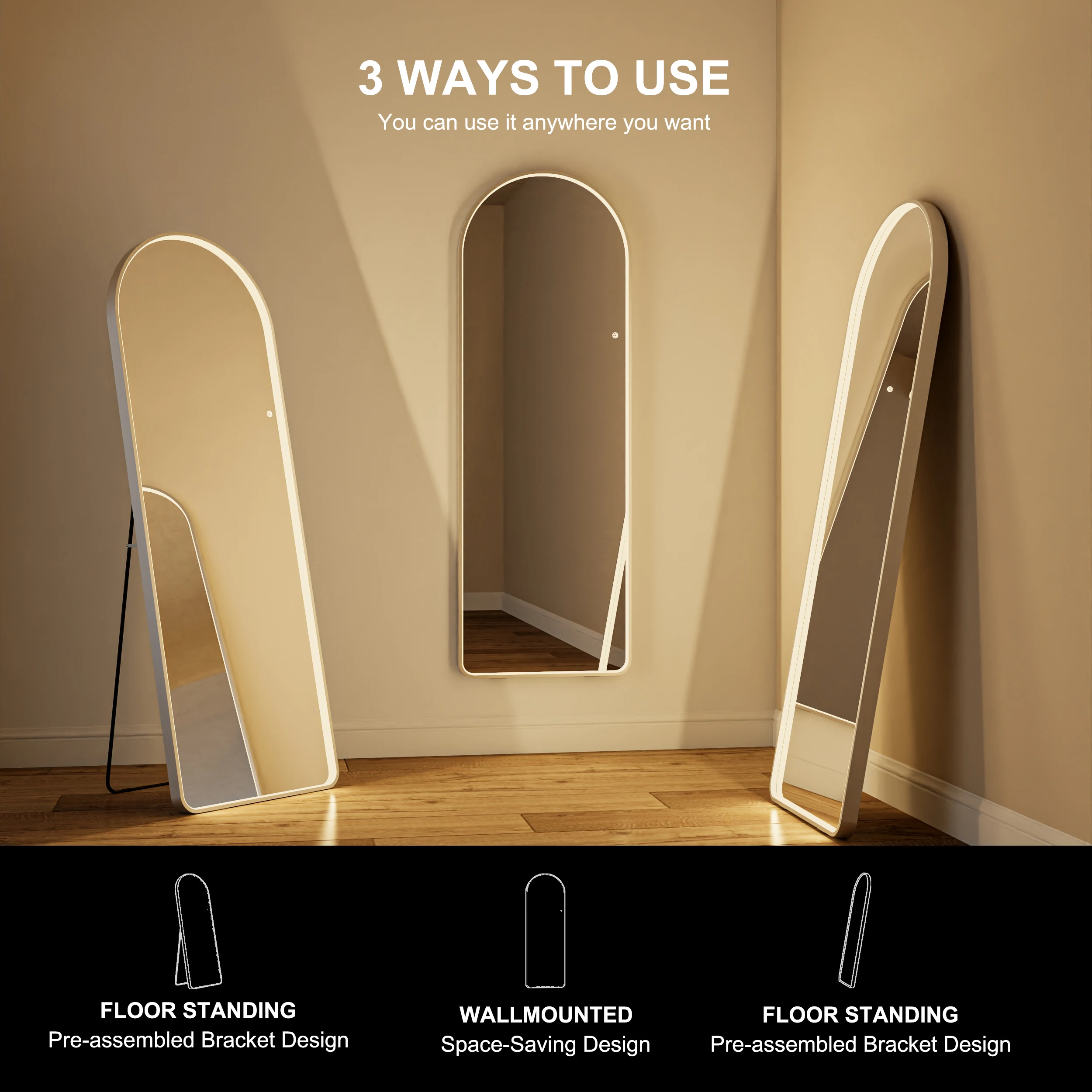 Free Standing Lighted Wall Mounted Living Room Arched Full Body Length ...