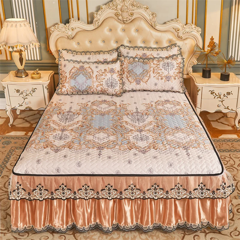 Floral Full Queen King Size Bed Skirt 2 Pillowcases Sets Luxury Bed Sheet Pink Bedding Set - Buy ...