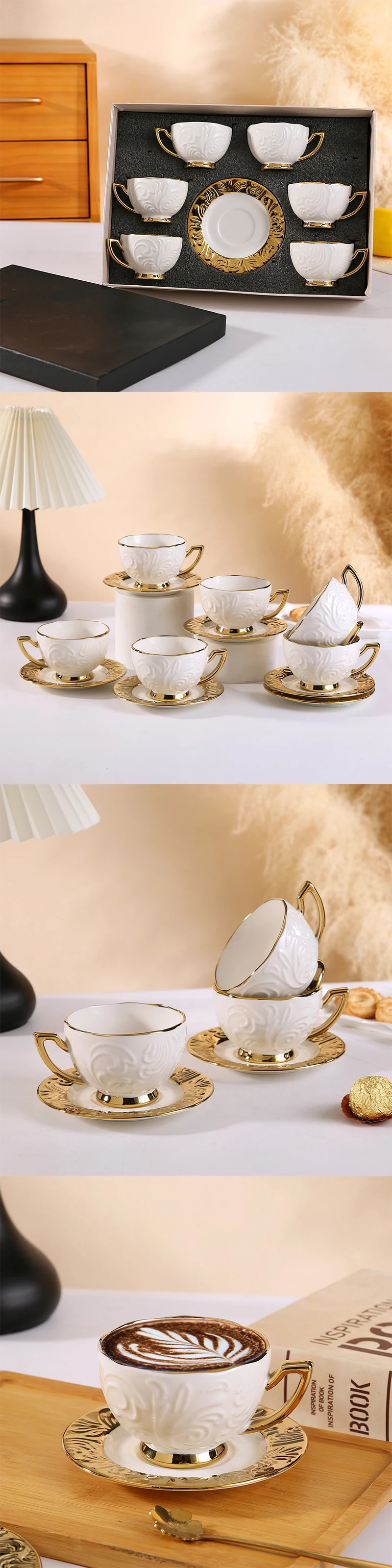 Luxury White Gold Tea Cups Set of 6 Turkish Embossed Coffee Cups Set 220ml Ceramic Tea Gift Set ...