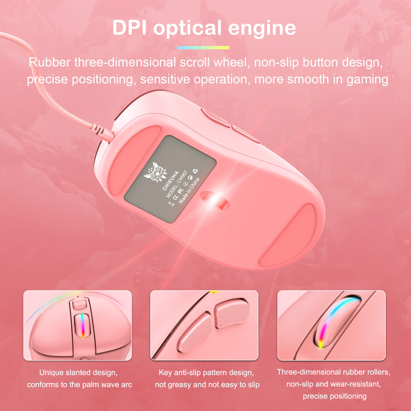 Onikuma Cw907 Pink Gaming Mouse 7200dpi Optical Mice For Pc Laptop Rgb Led Computer Wired Souris ...