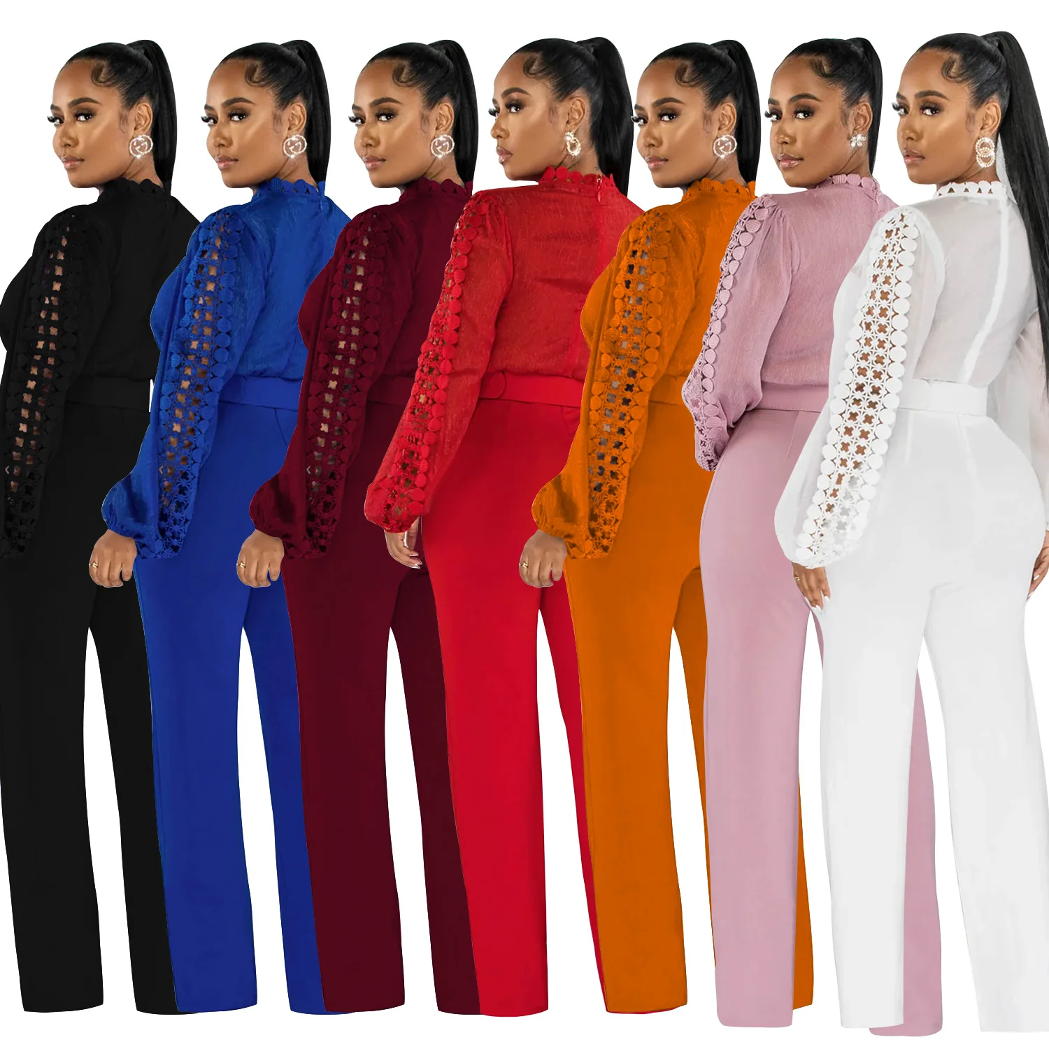 Fashion Formal Ladies Solid Color Rompers Puff Sleeve Hollow Out Belt ...