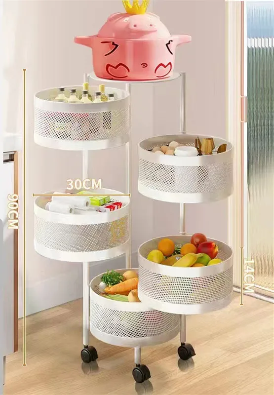 3/4/5 Tier Multifunctional Round Rolling Cart Storage Baskets