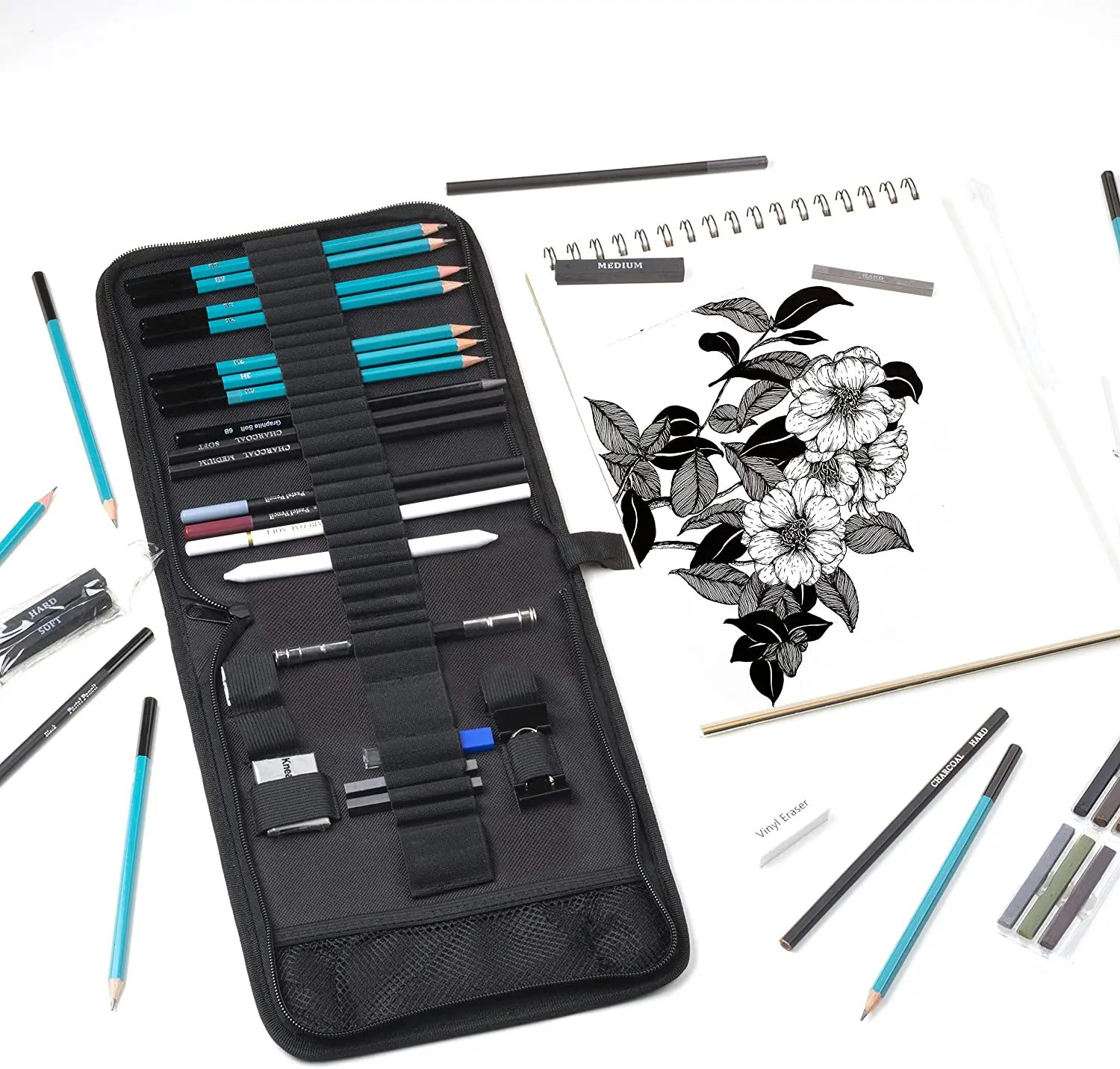 50 Pieces Drawing Sketching Set Complete Artist Kit Graphite Charcoal ...