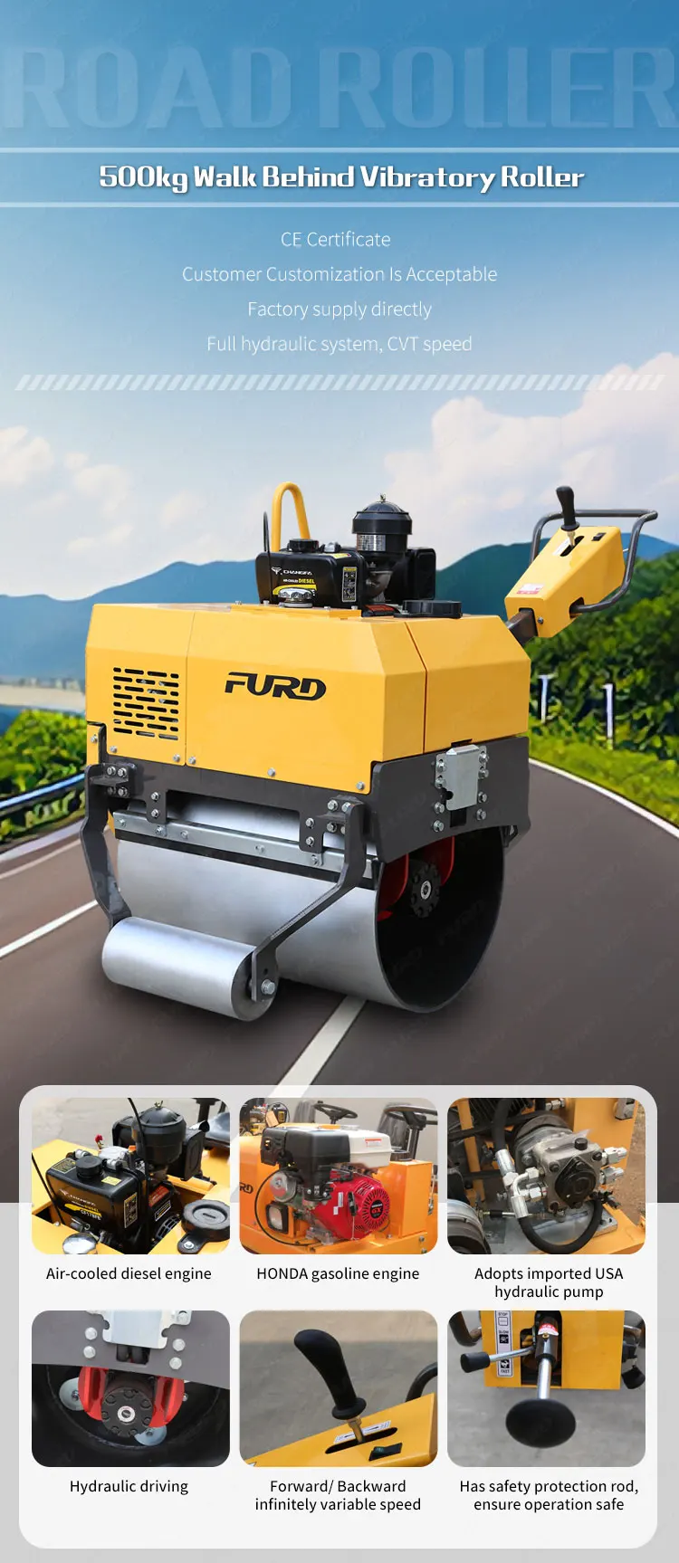 Manual Push Vibration Hydraulic Single Drum 500kg Mini Road Compactor ...