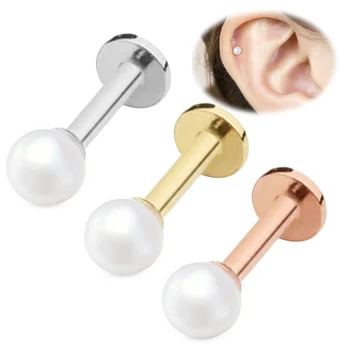 14k 18k Solid Gold Pearl Internally Threaded Labret Earring Helix ...
