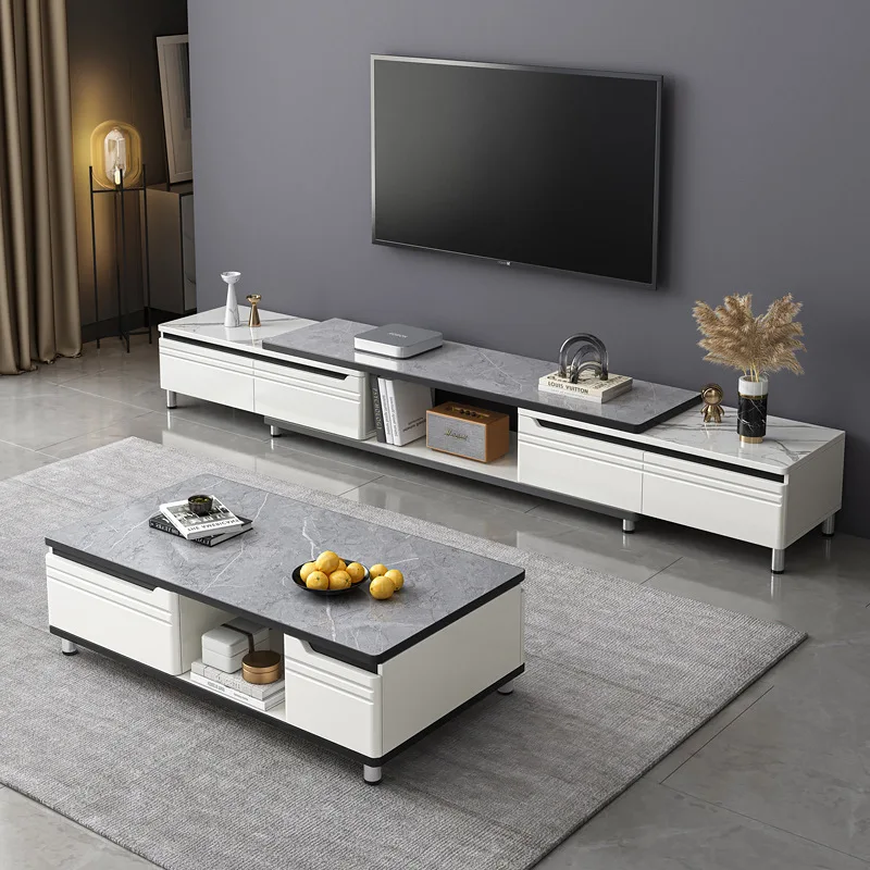 Modern light luxury extension-type white plate solid wood TV cabinet ...