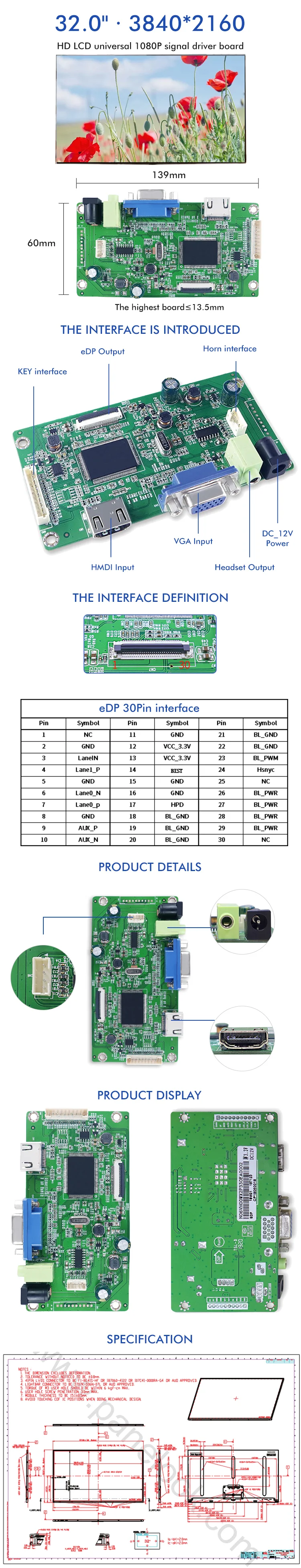 Auo 32 Inch 4k Lcd M320qan01.0 With Resolution 3840x2160 H-dmi /vga To Edp Driver Board Desktop ...