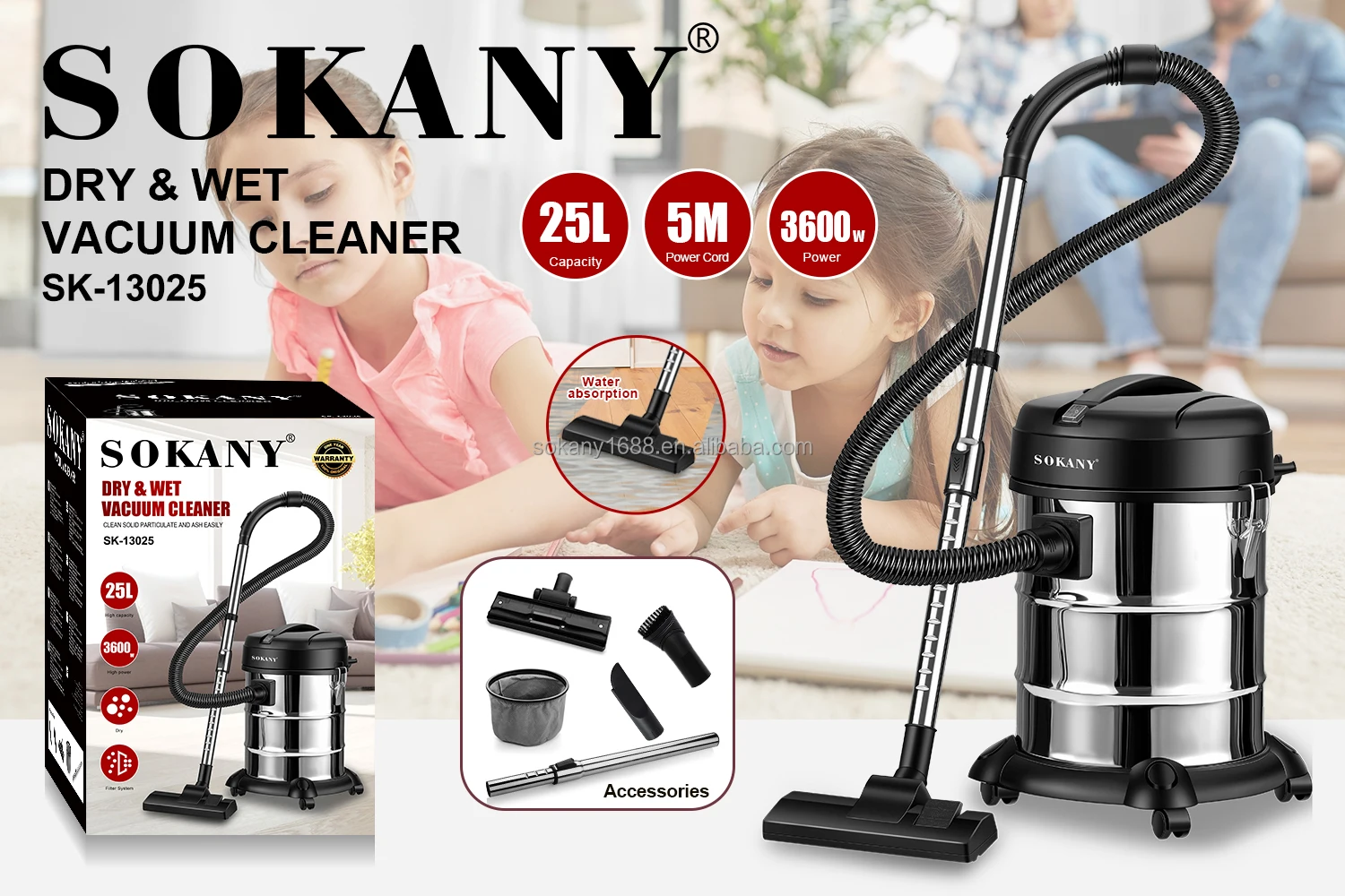 Sokany 25l Drum Wet & Dry Vacuum Cleaner For Commercial Use