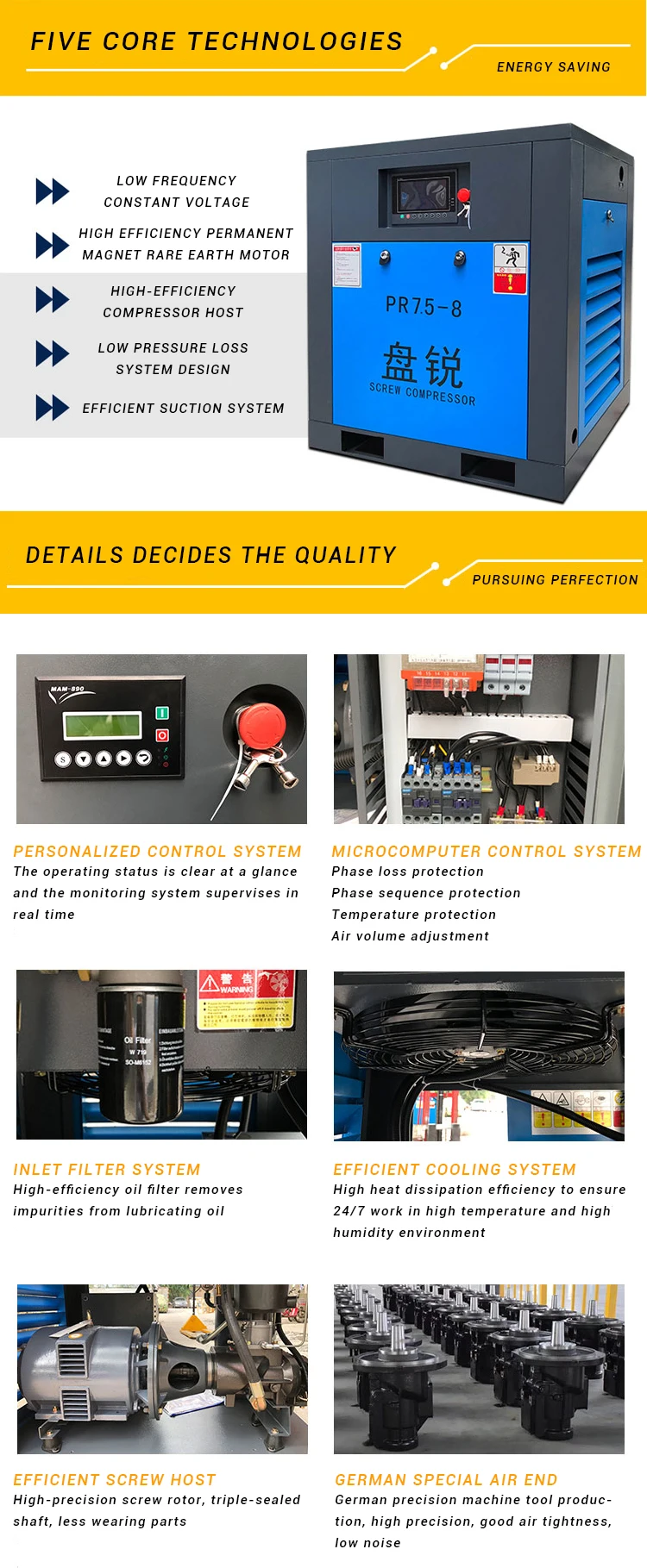 7.5 Kw 10hp 1000 Liter Gas Tank Rotary Industrial Compressors 7-13 Bar ...