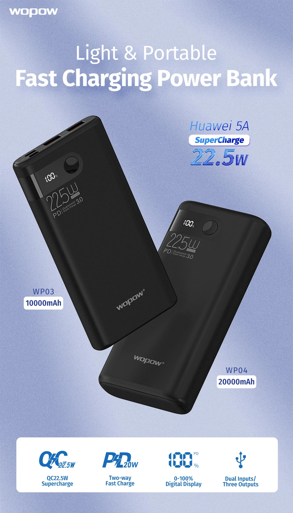 Wopow Wp04 Slim Portable 20w Pd Dual Usb Fast Charging Mobile Power ...