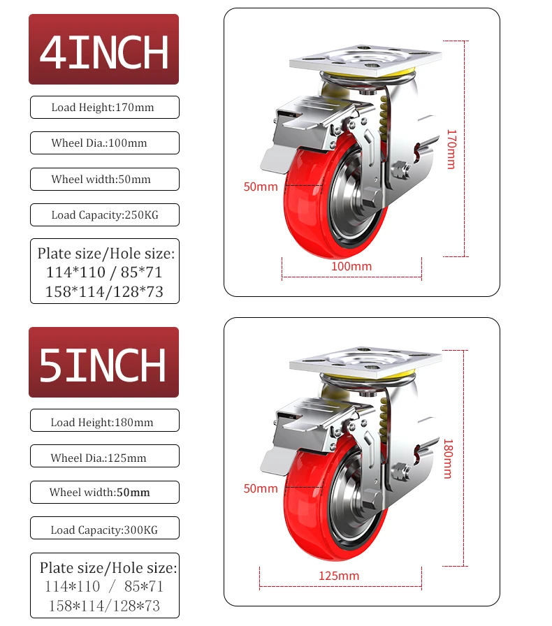 8 Inch Rigid Swivel and Brake Iron Core Polyurethane Wheels