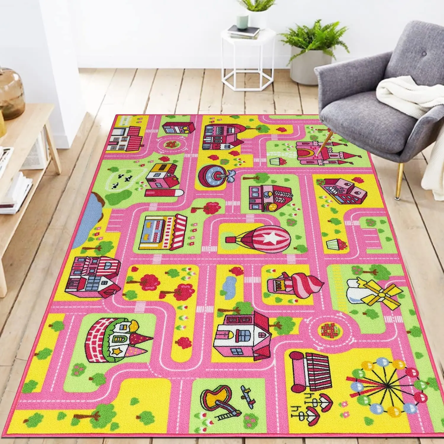 Mu Kids Learning Interacative Carpet Washable Pink Play Rug Traffic ...