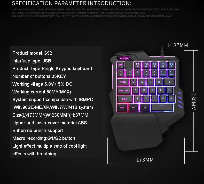 G92 One-Handed Wired Gaming Keyboard for Mobile Gamers - Mechanical ...