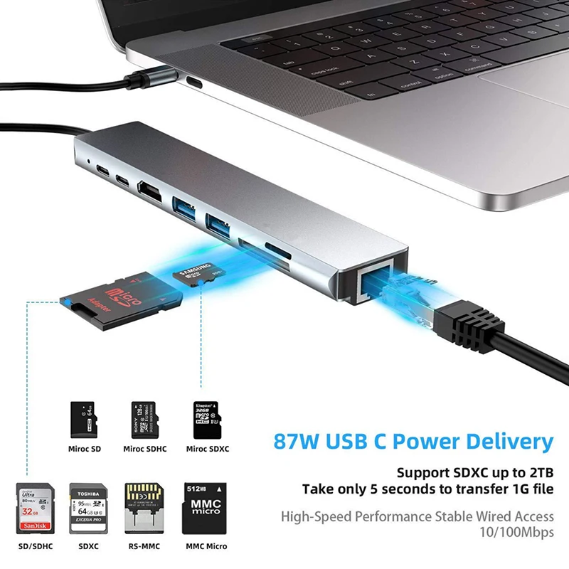 8-in-1 Usb Type C Hub Multiport Adapter Hub Dock 8 In 1 Usb C Type C ...
