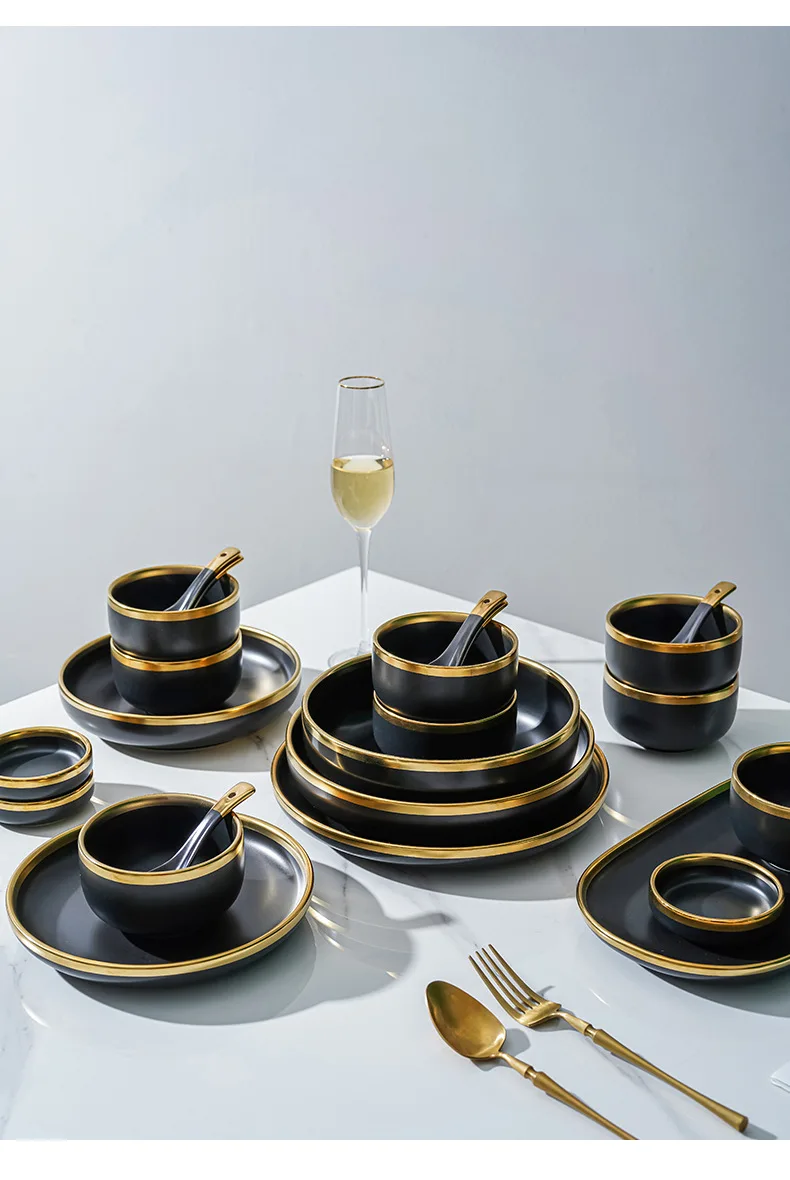 Luxury Ceramic Tableware Set with Modern Matte Black Gold Edge Bowl and ...