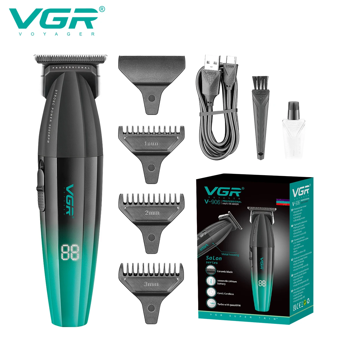 VGR V-906 Maquina De Cortar Cabello Metal Housing DLC Blade Barber Cordless Professional Hair ...