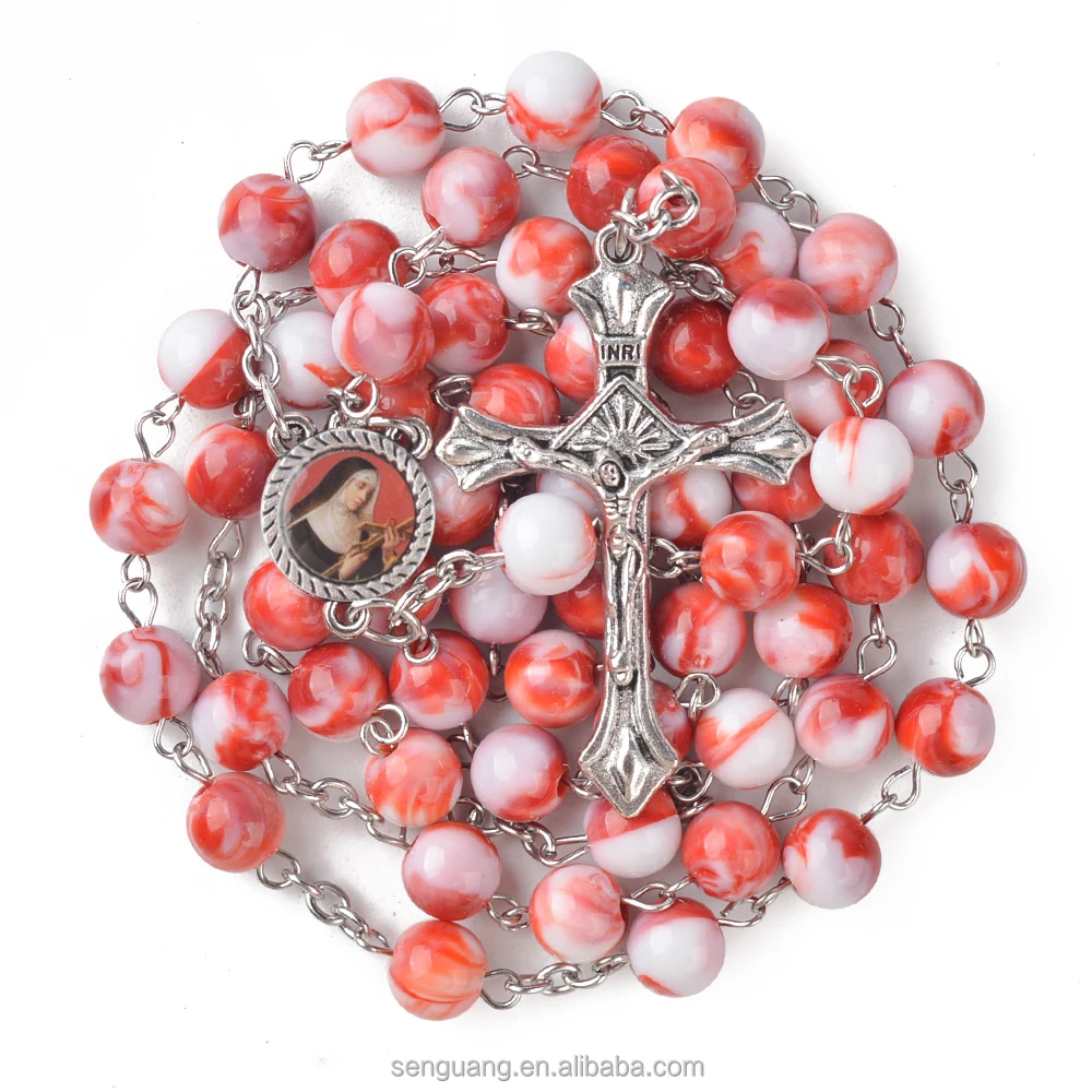 Unisex Religious Red Rosary Necklace 8mm Acrylic with Catholic Cross ...