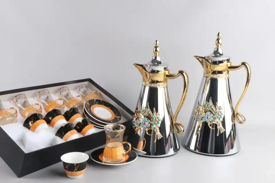 Arabic Turkish Tea Set - Gold Plated Vacuum Flask & Coffee Cups for ...